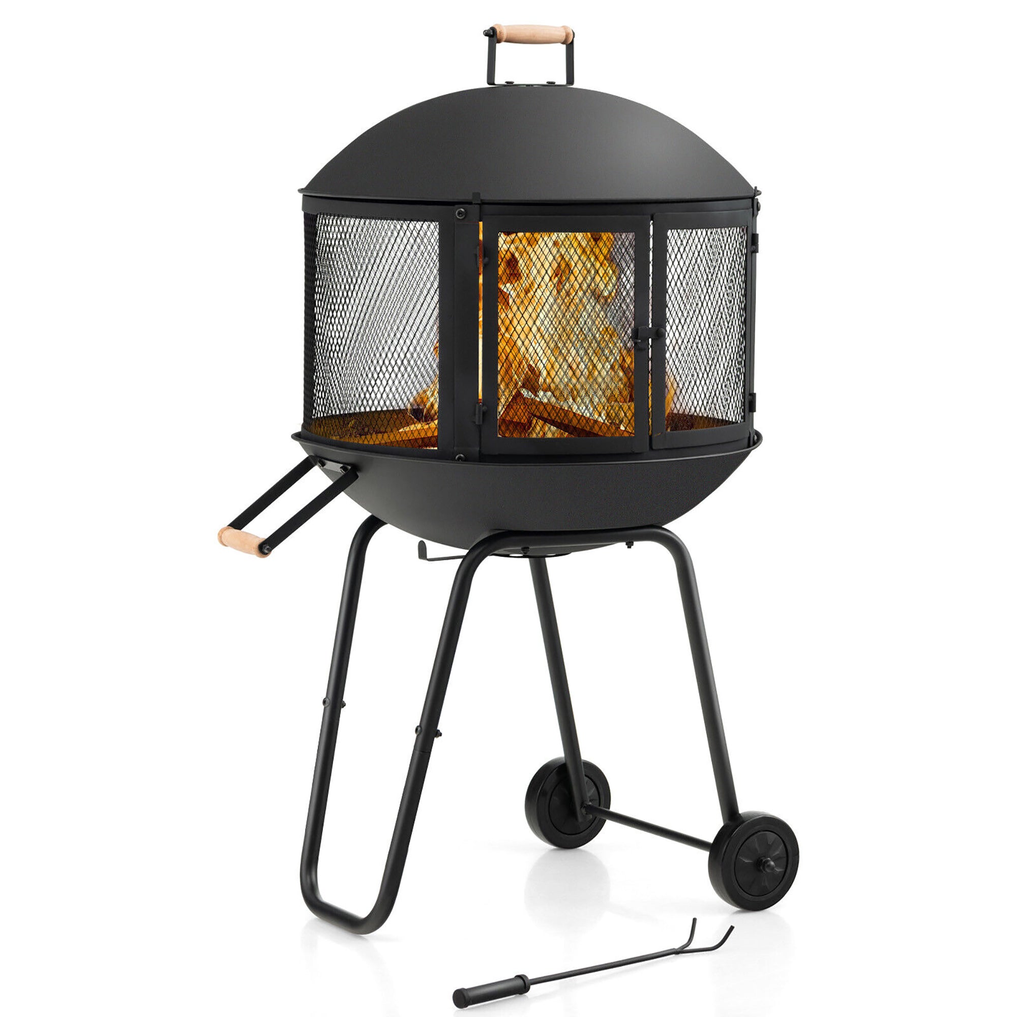 Gymax 28'' Patio Rolling Fire Pit Wood Burning Firepit w/ Wheels Mobil ...