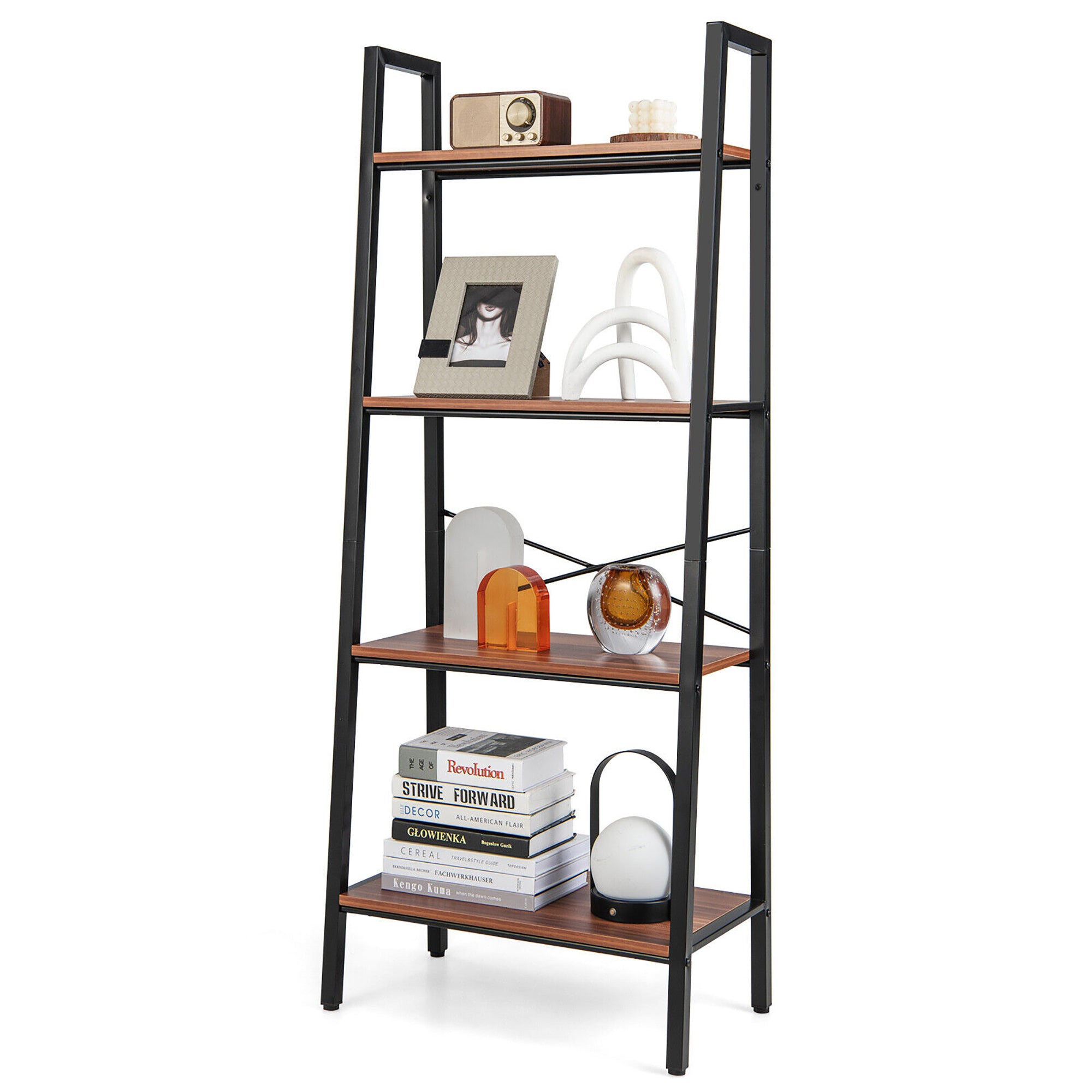 Gymax 4 Tier Bookcase Open Rustic Bookshelf Multipurpose Industrial St ...